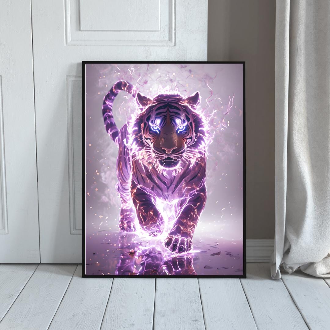 Purple Fiery Tiger Wall Art Print | Bold Digital Animal Poster ...