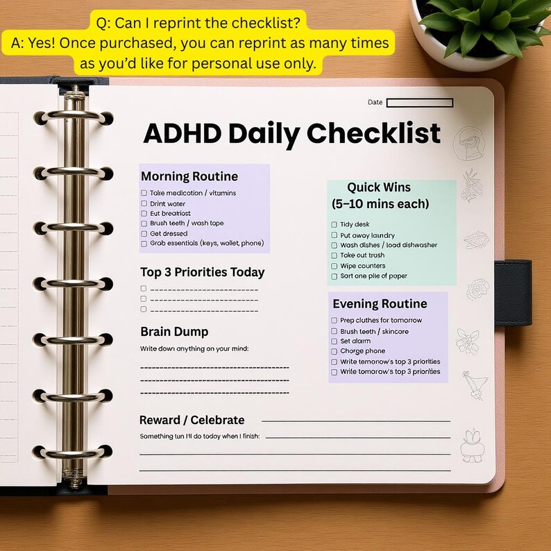 ADHD Daily Checklist Printable | Productivity Planner Page | Morning ...