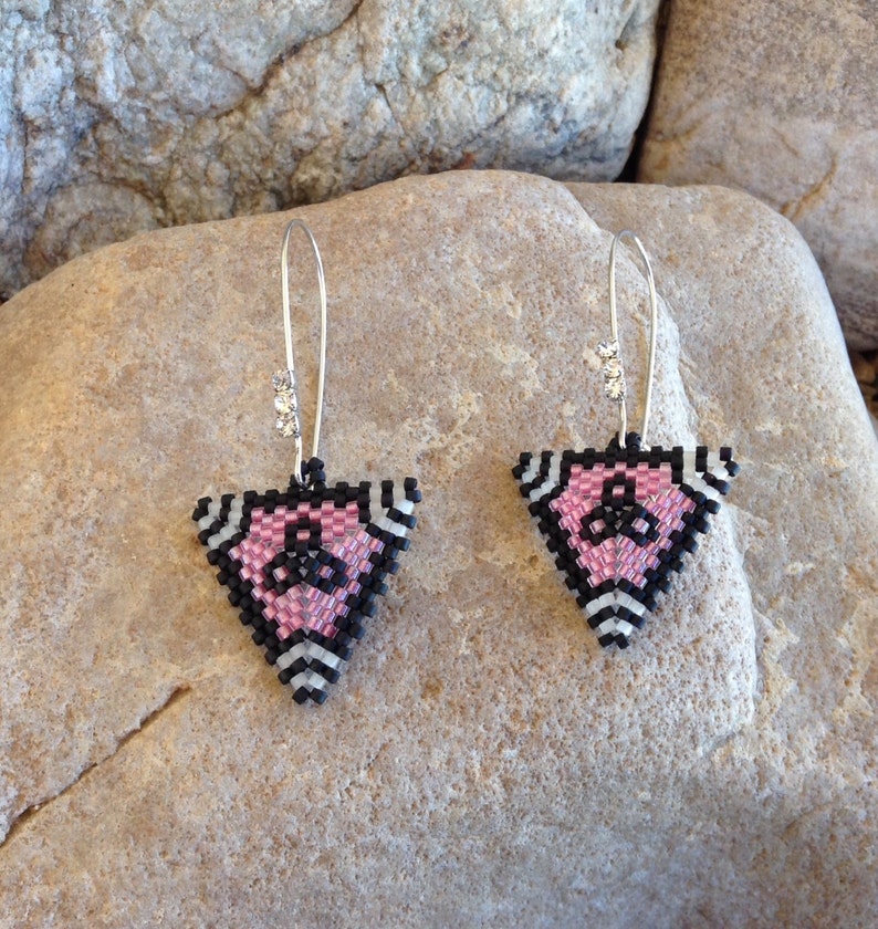 Pink Flowers Triangle Beaded Earrings | Etsy
