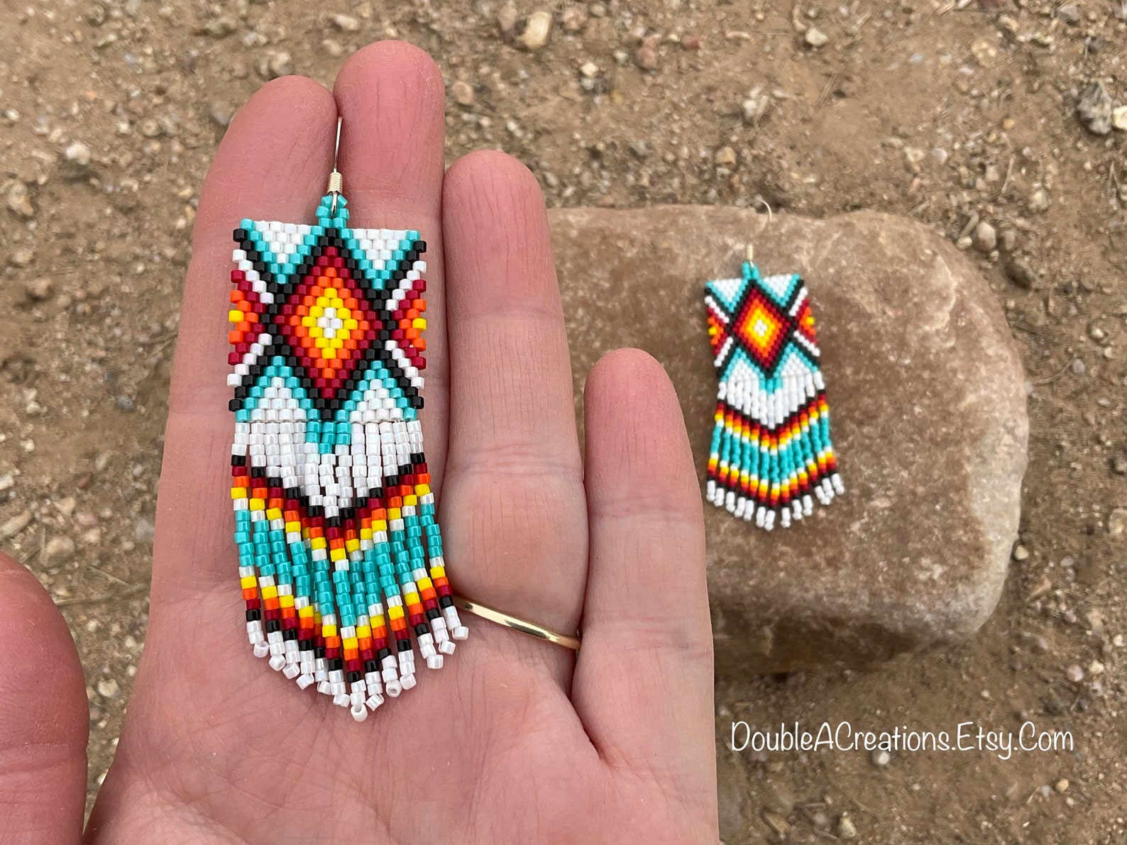 Turquoise Native Diamond Beaded Earrings With Fringe - Etsy