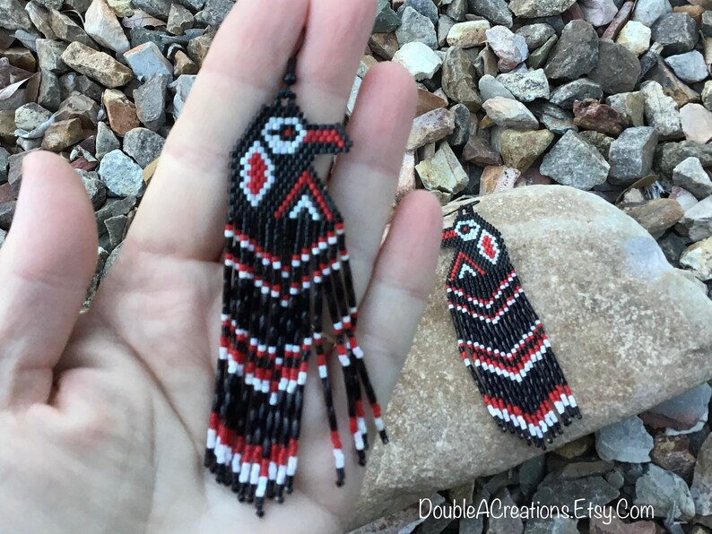 Native Ravens Beaded Earrings With Fringe Salish Design | Etsy