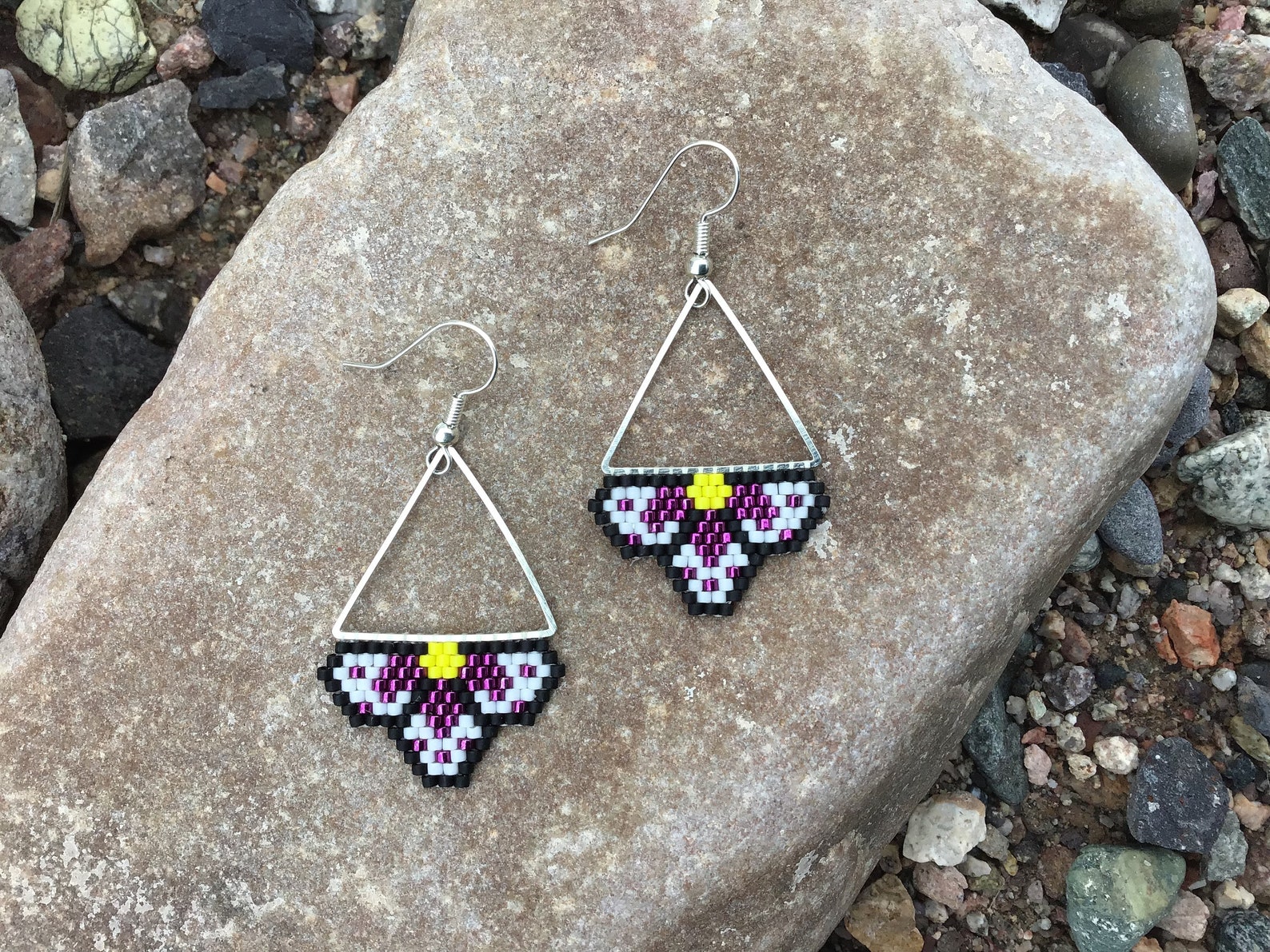 Purple Flower Triangle Beaded Earrings | Etsy