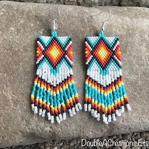 Turquoise Native Diamond Beaded Earrings With Fringe - Etsy Canada