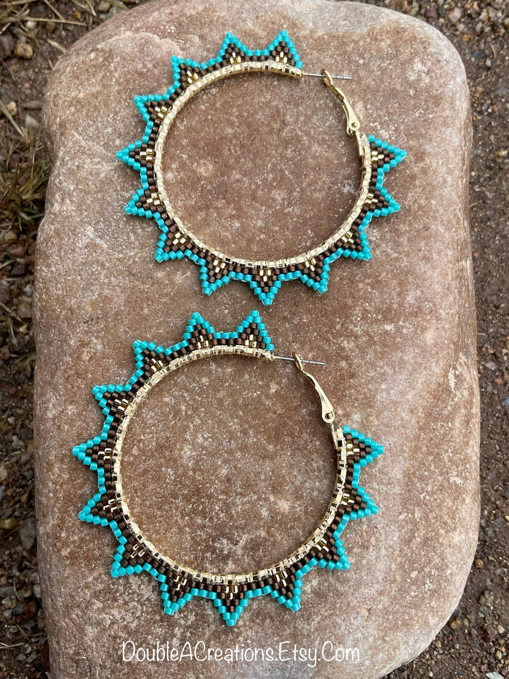 Chocolate Brown and Turquoise Sunburst Beaded 2 Inch Gold Hoops - Etsy