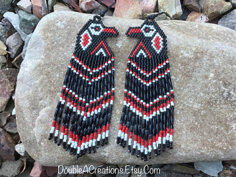 Native Ravens Beaded Earrings With Fringe Salish Design | Etsy