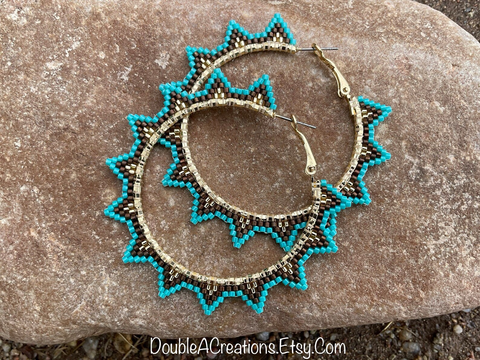 Chocolate Brown and Turquoise Sunburst Beaded 2 Inch Gold Hoops - Etsy