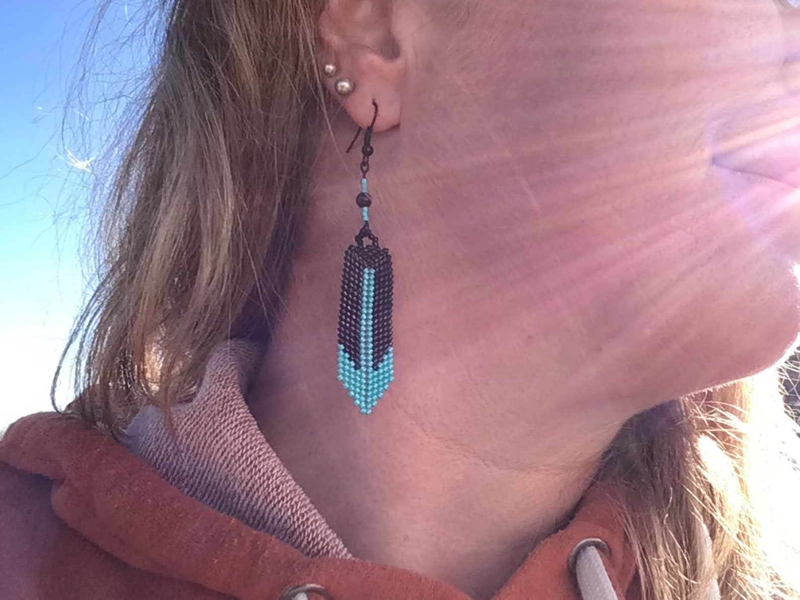 Beaded Turquoise Feather Earrings | Etsy