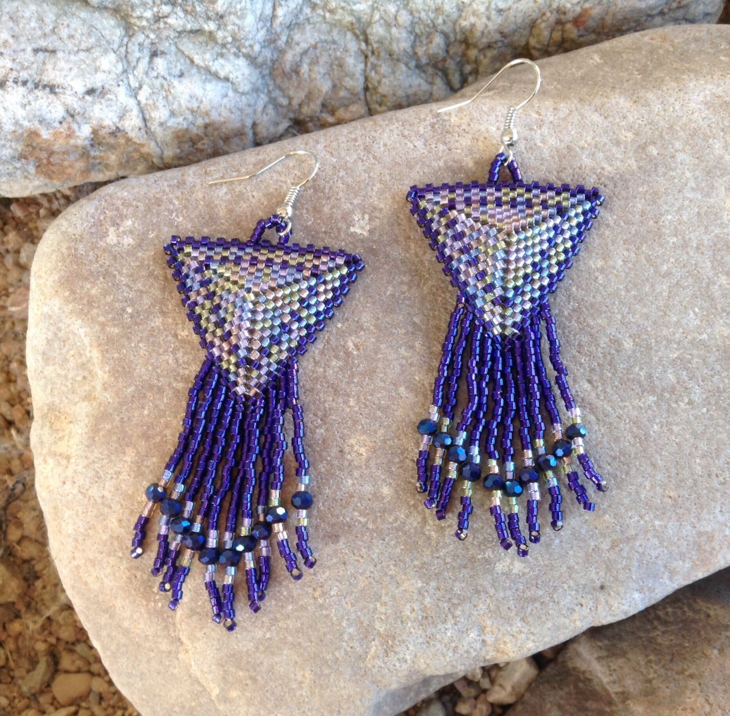 Purple Triangle Beaded Earrings With Fringe | Etsy