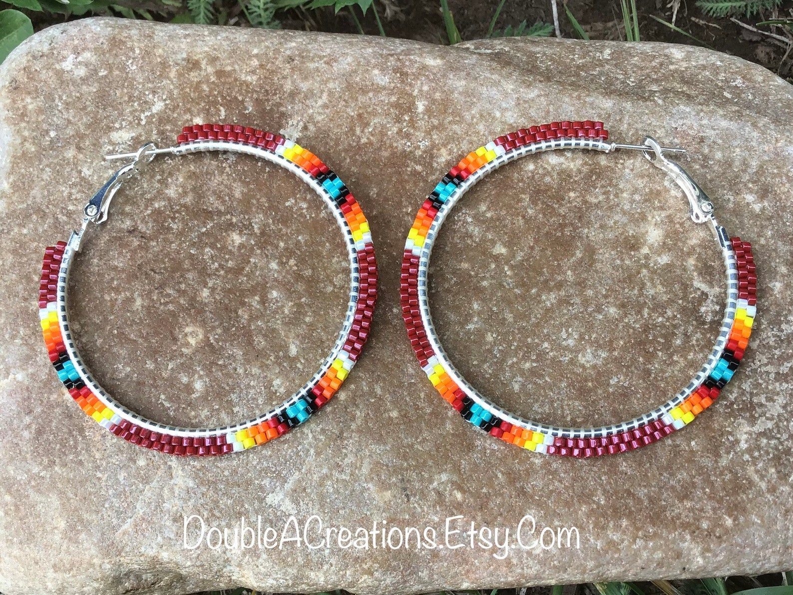 Red With Native Colors Beaded 2 Inch Hoop Earrings - Etsy