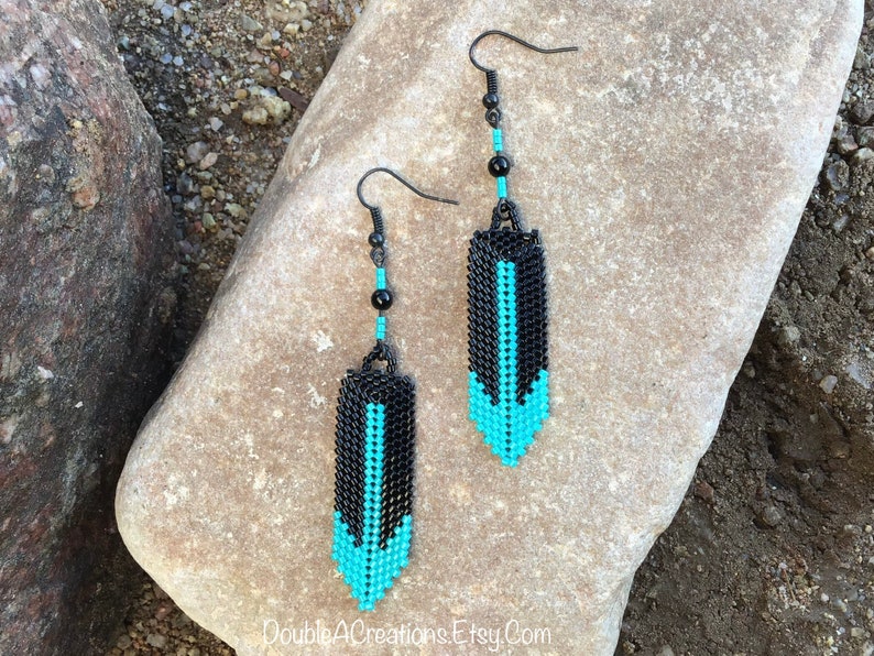 Beaded Turquoise Feather Earrings - Etsy