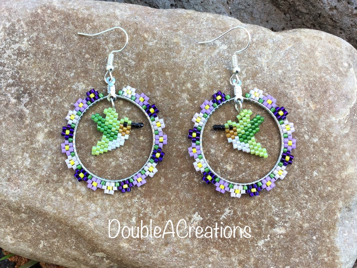 Green Hummingbirds in Purple Flowers Beaded Earrings - Etsy