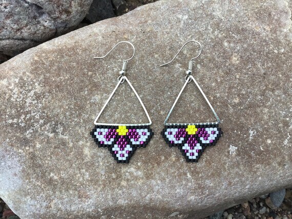 Purple Flower Triangle Beaded Earrings | Etsy