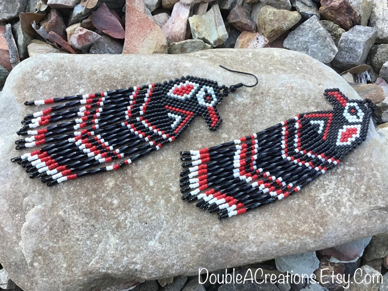 Native Ravens Beaded Earrings With Fringe Salish Design | Etsy