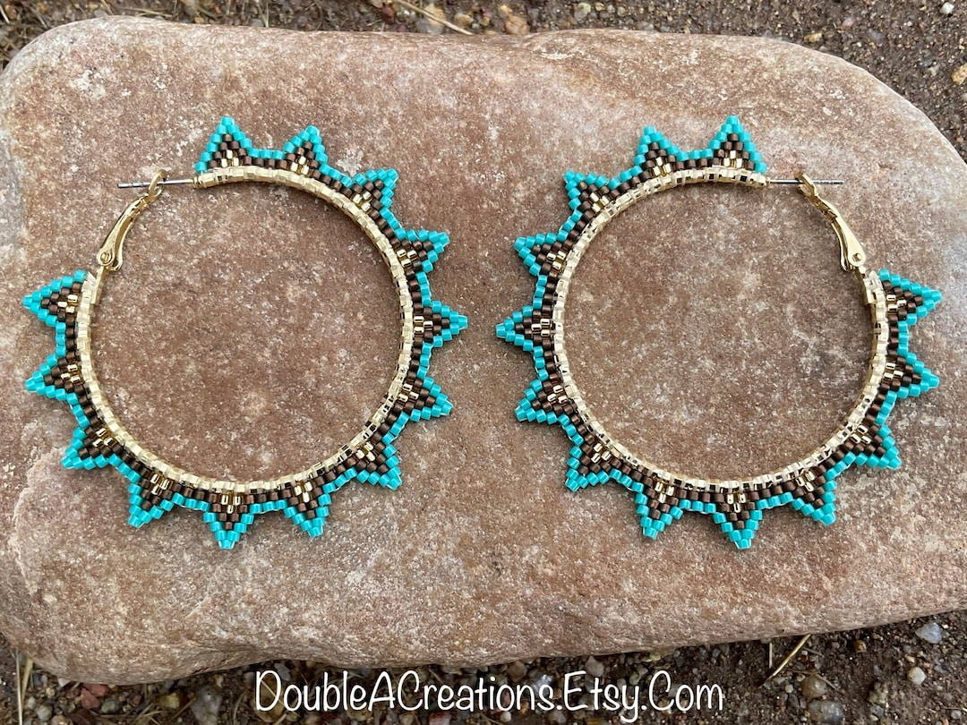 Chocolate Brown and Turquoise Sunburst Beaded 2 Inch Gold Hoops - Etsy