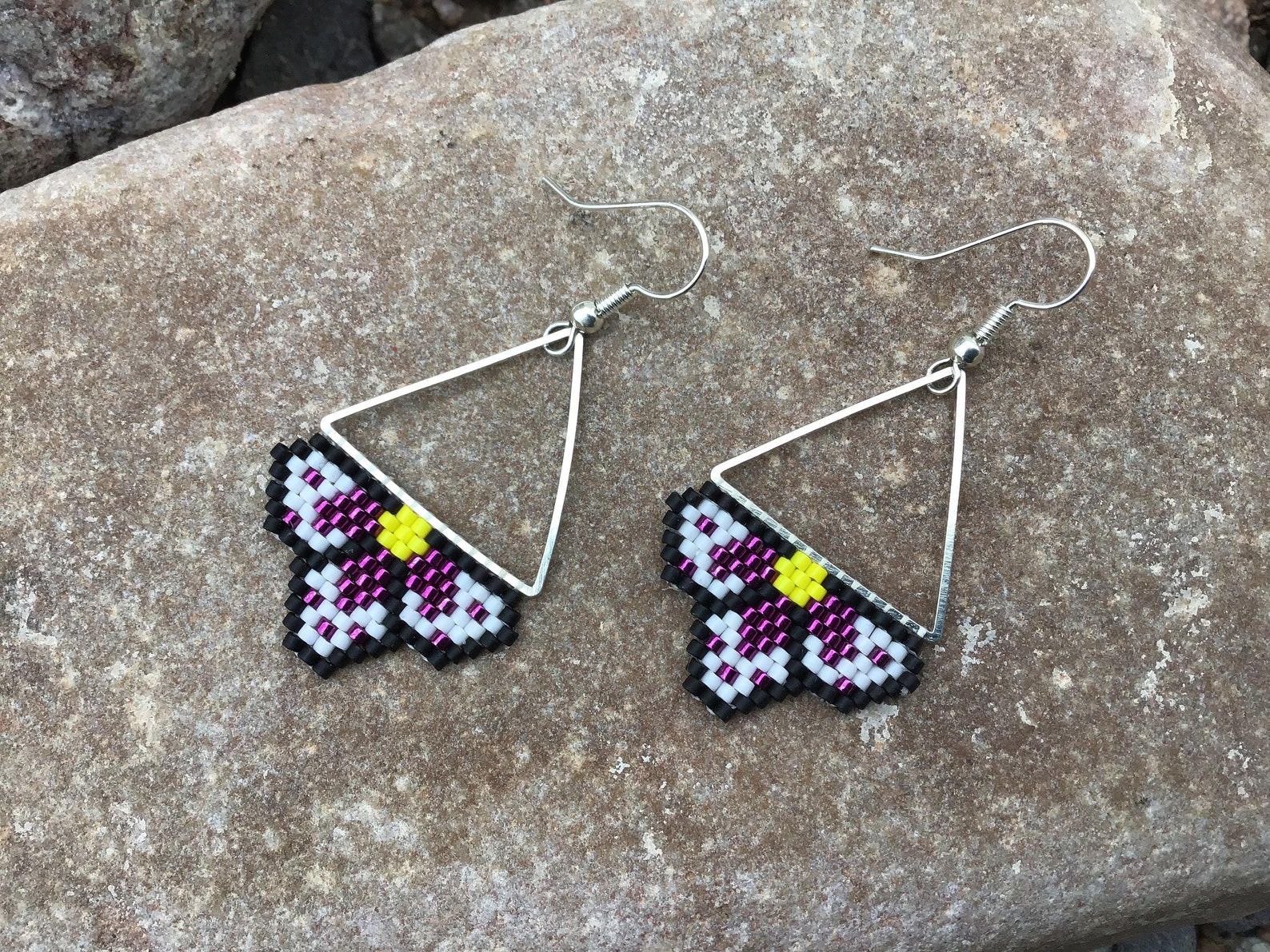 Purple Flower Triangle Beaded Earrings | Etsy