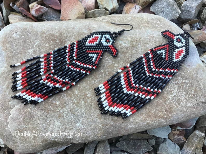 Native Ravens Beaded Earrings With Fringe Salish Design | Etsy