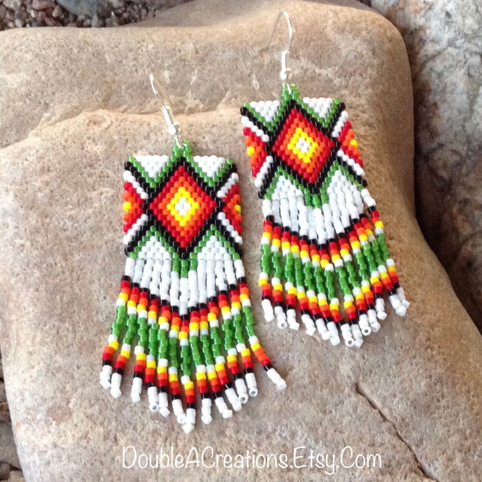 Native Diamond Beaded Earrings With Fringe - Etsy