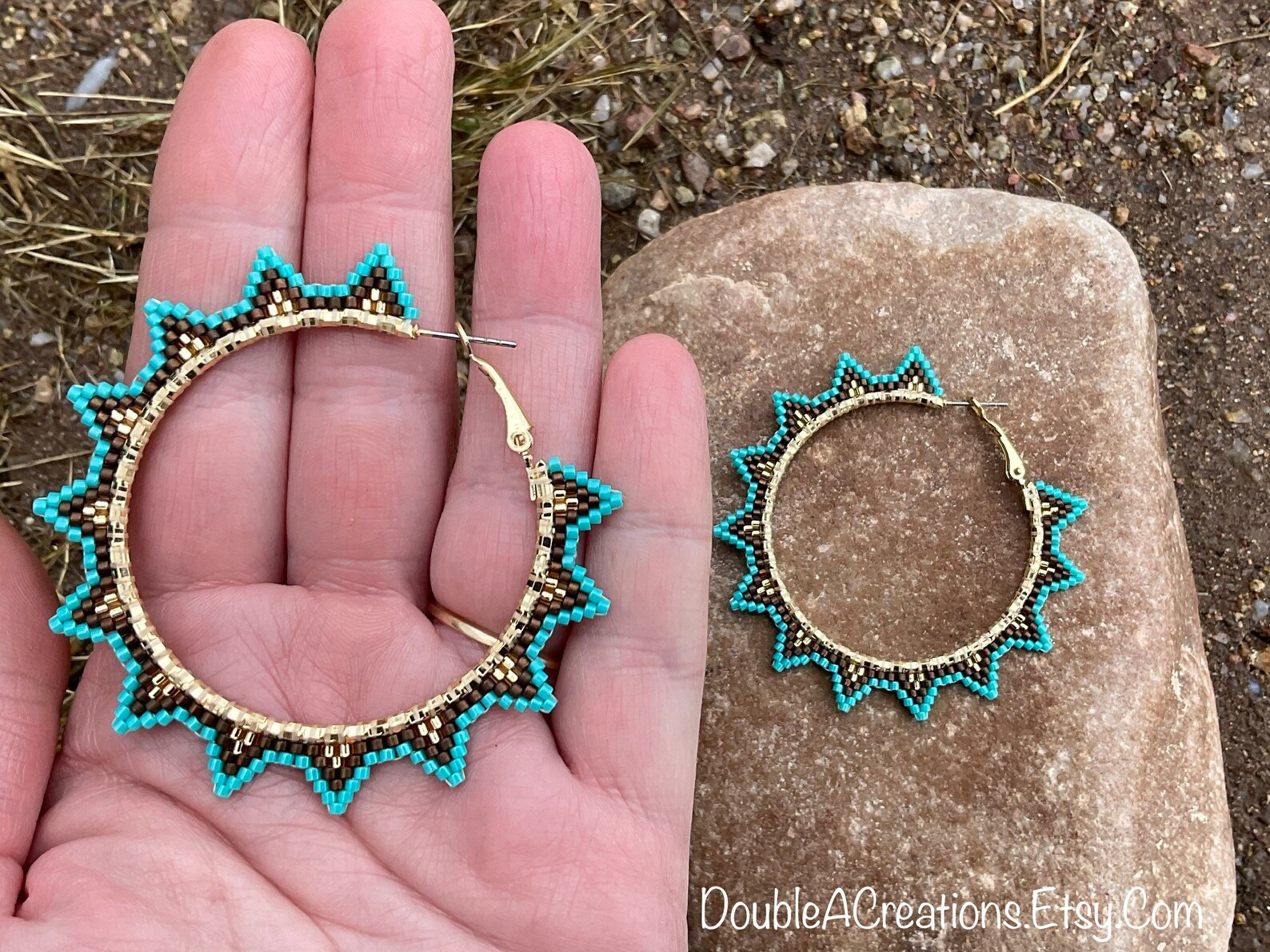 Chocolate Brown and Turquoise Sunburst Beaded 2 Inch Gold Hoops - Etsy