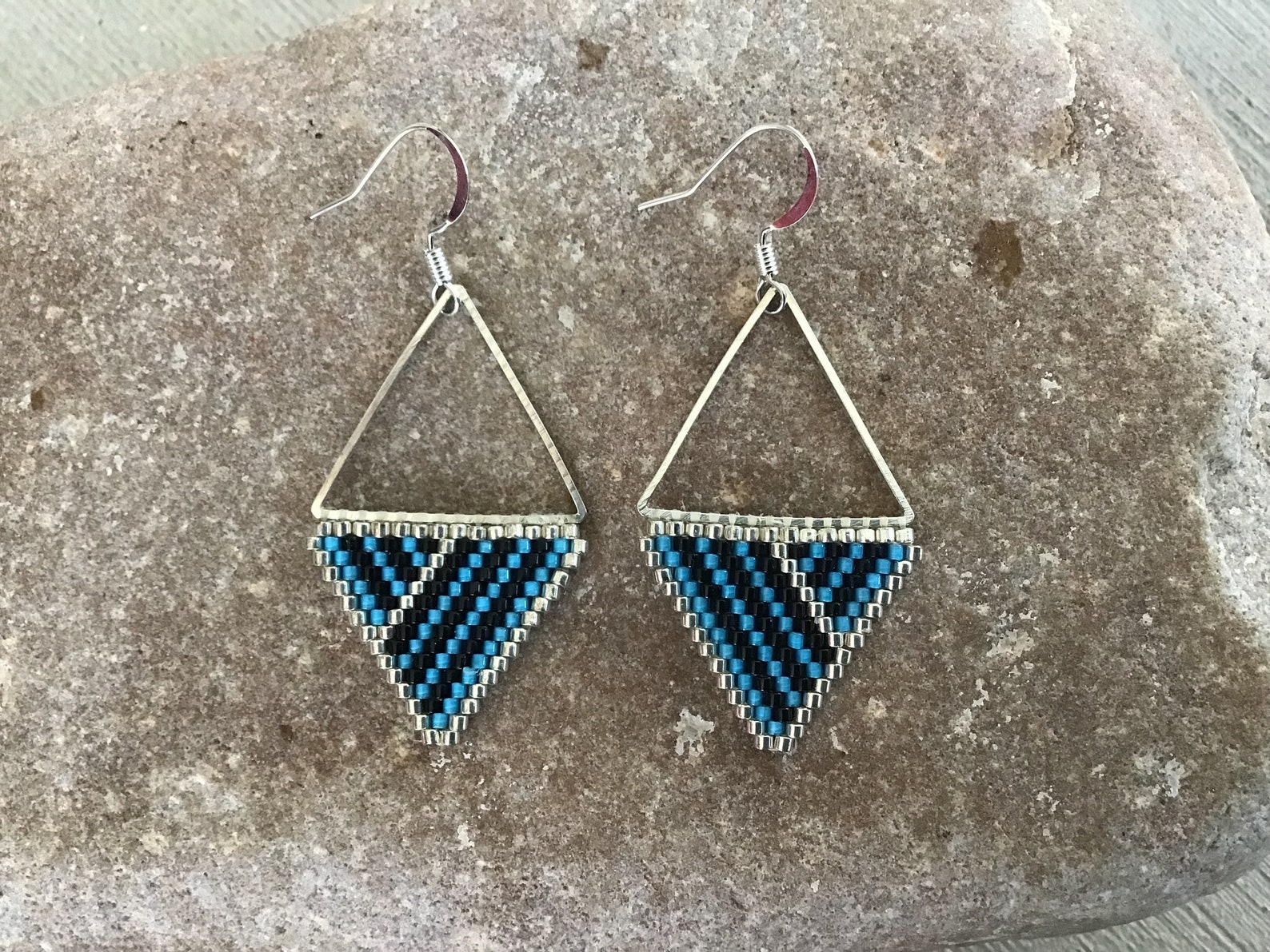 Blue and Silver Triangle Beaded Earrings - Etsy
