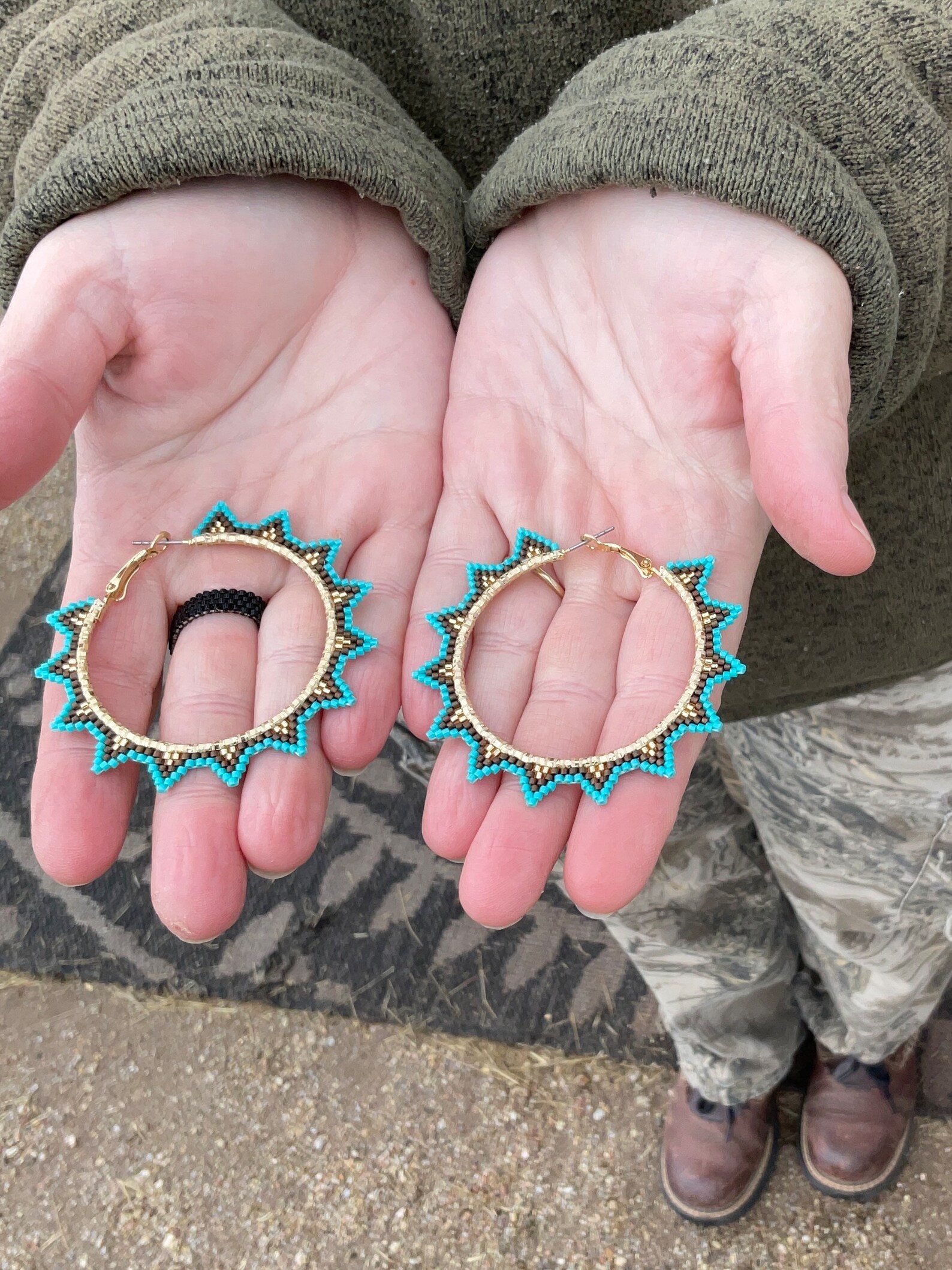Chocolate Brown and Turquoise Sunburst Beaded 2 Inch Gold Hoops - Etsy