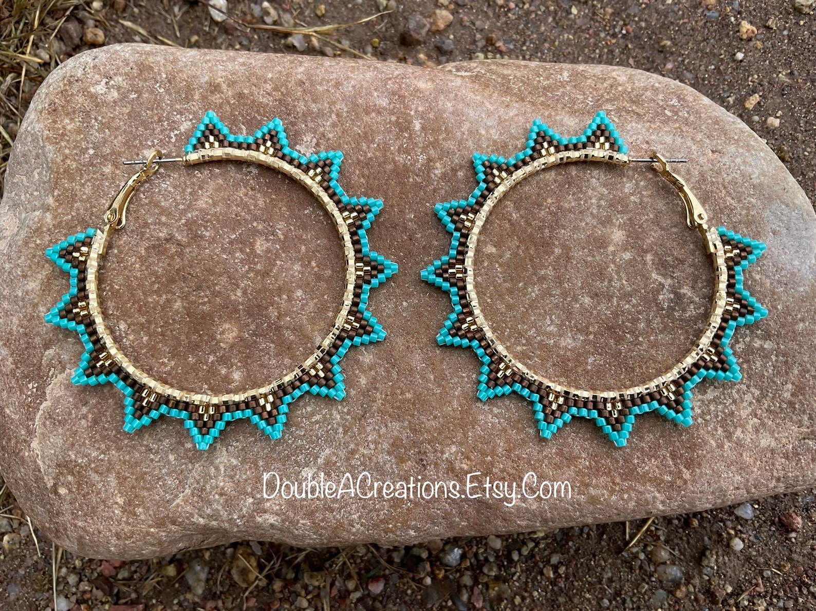Chocolate Brown and Turquoise Sunburst Beaded 2 Inch Gold Hoops - Etsy