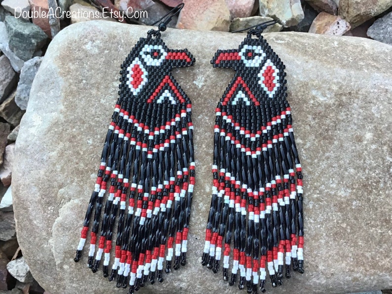 Native Ravens Beaded Earrings With Fringe Salish Design | Etsy
