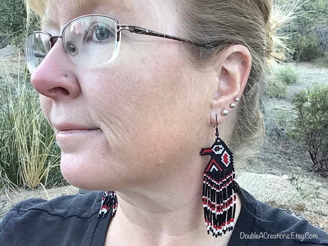 Native Ravens Beaded Earrings With Fringe, Salish Design - Etsy