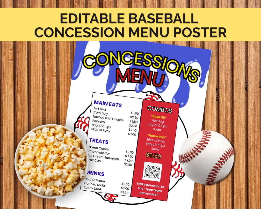 Editable Baseball Concession Menu Template, Game Day Menu, Food Menu ...