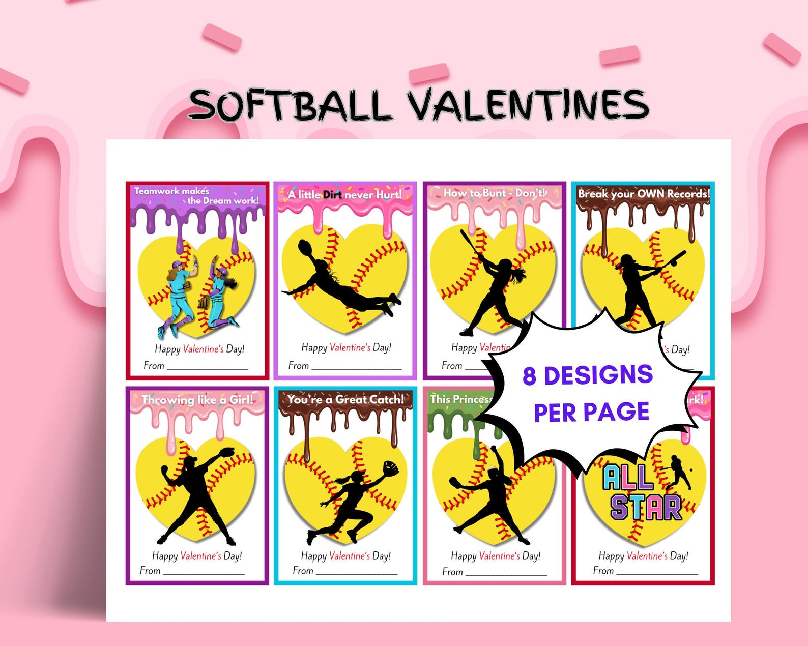 Softball Drip Printable Valentines for 4th Grade, 5th Grade, 6th Grade ...