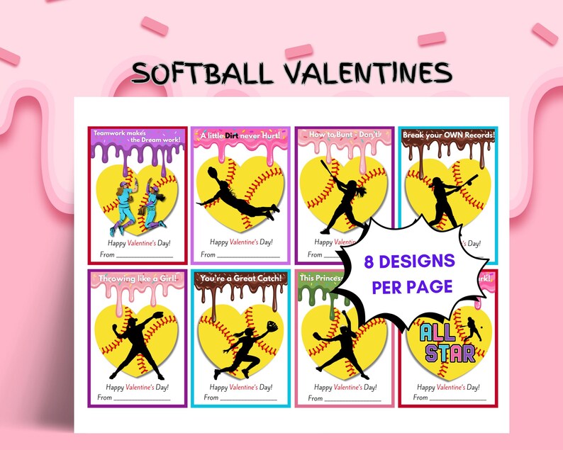 Softball Drip Printable Valentines for 4th Grade, 5th Grade, 6th Grade ...