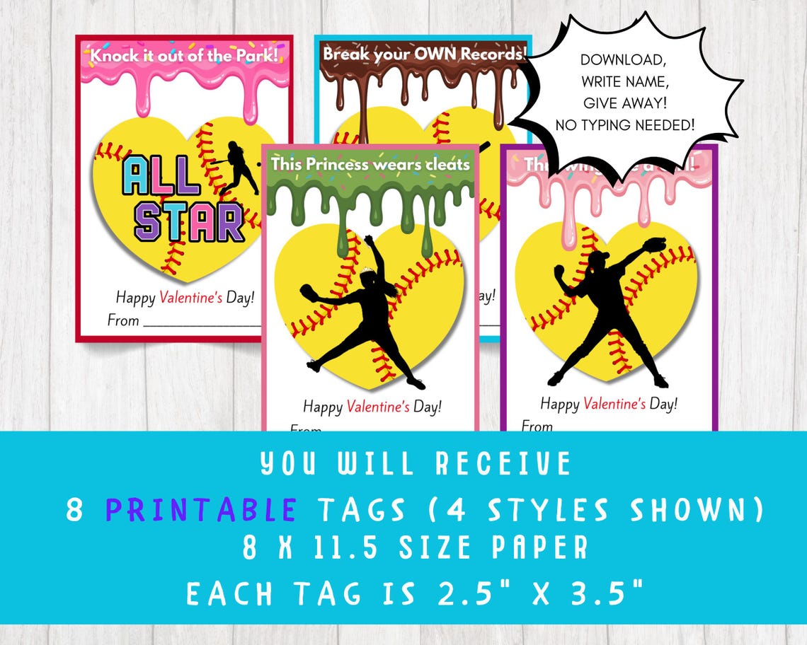 Softball Drip Printable Valentines for 4th Grade, 5th Grade, 6th Grade ...