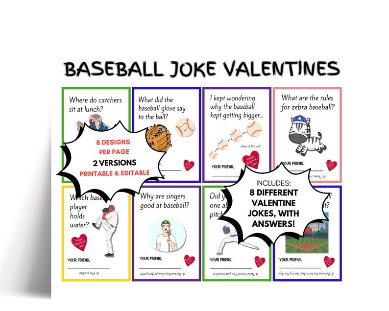 Baseball Valentine Jokes, Printable & Editable in Canva for Preschool ...