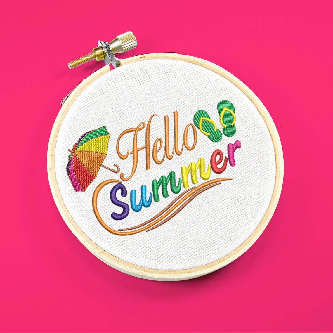 Hello Summer Embroidery Design Colorful Beach Flip Flop & Umbrella ...