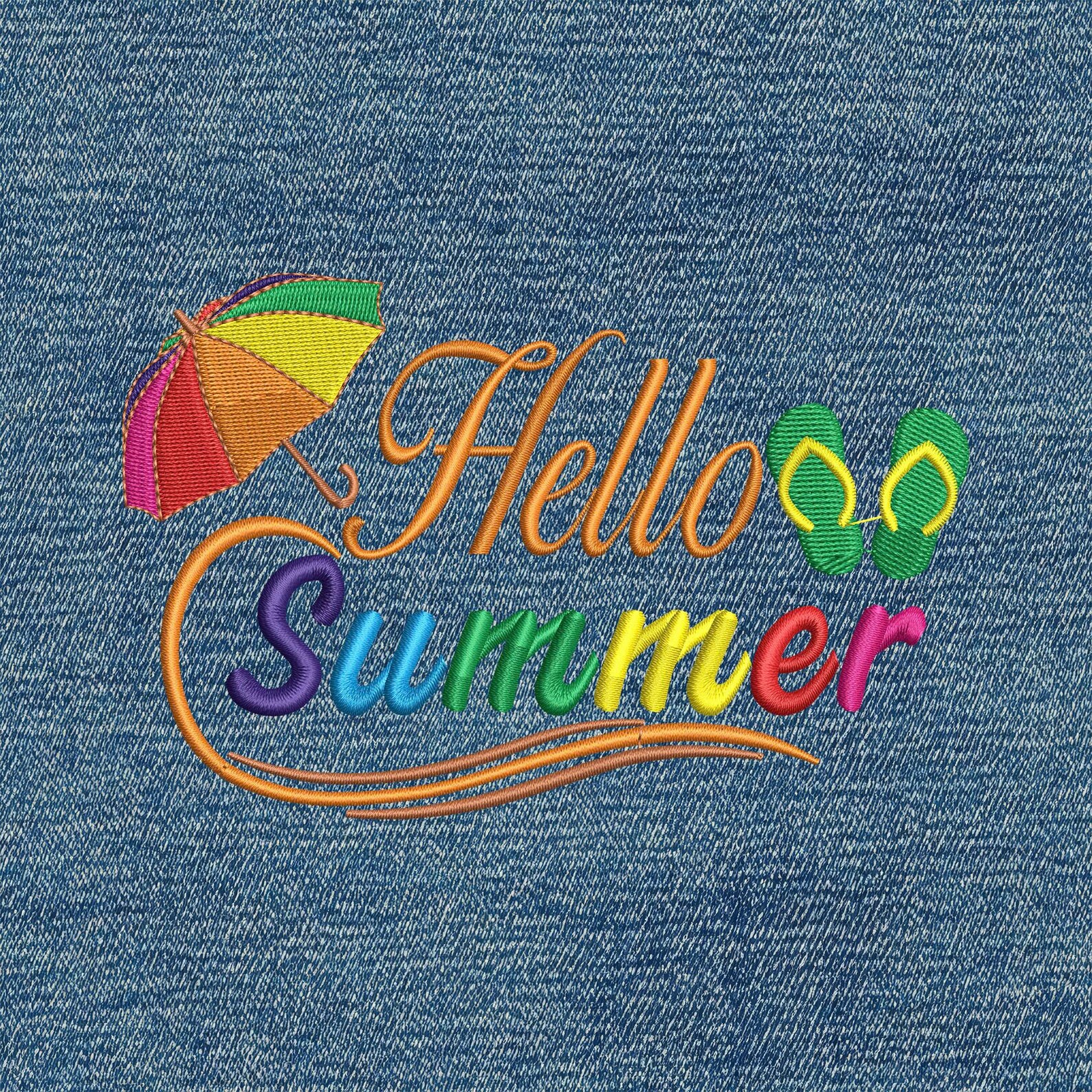 Hello Summer Embroidery Design Colorful Beach Flip Flop & Umbrella ...