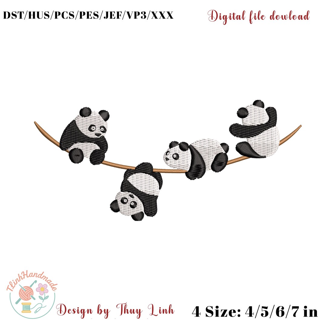 Hanging Pandas Embroidery Design | Cute Panda Bears on Tree Branch ...