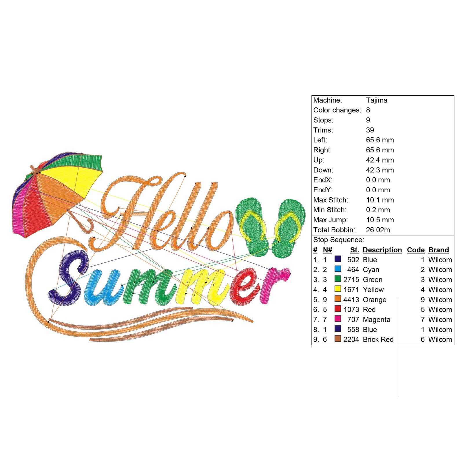 Hello Summer Embroidery Design Colorful Beach Flip Flop & Umbrella ...