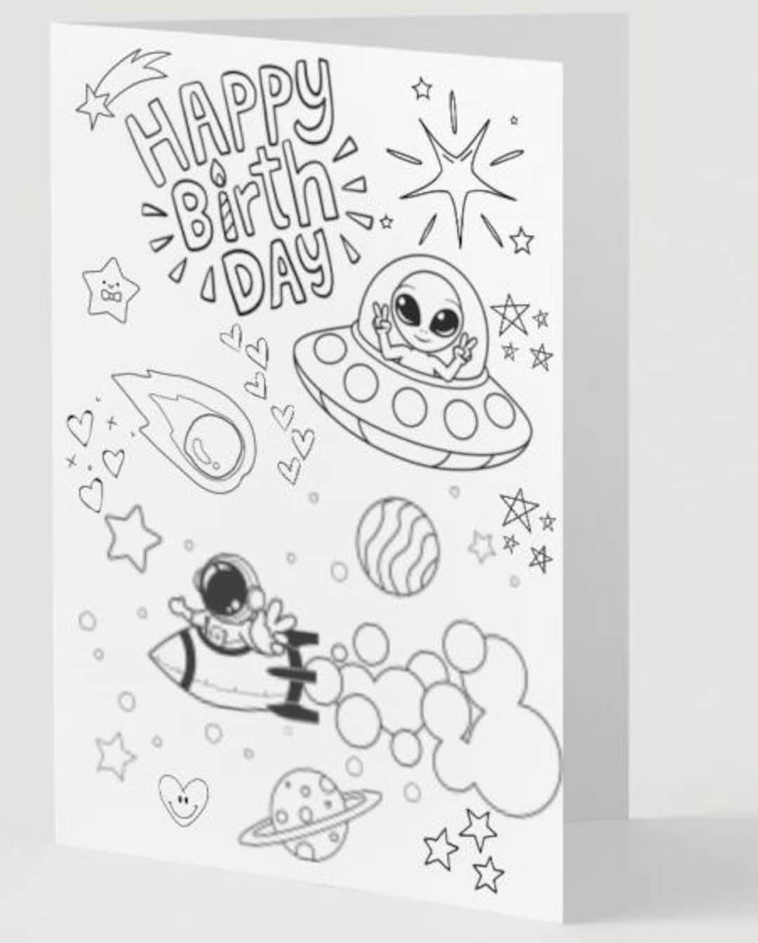 Printable Outer Space Happy Birthday Card to Color – DIY Coloring Card ...