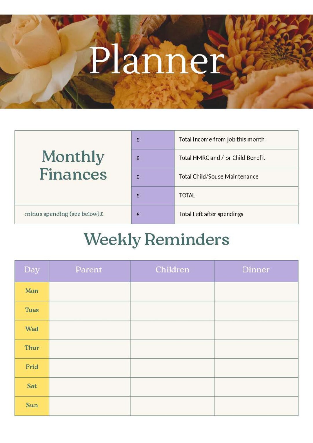 Solo Parent Planner | Printable Organizer for Busy Mums or Dads ...