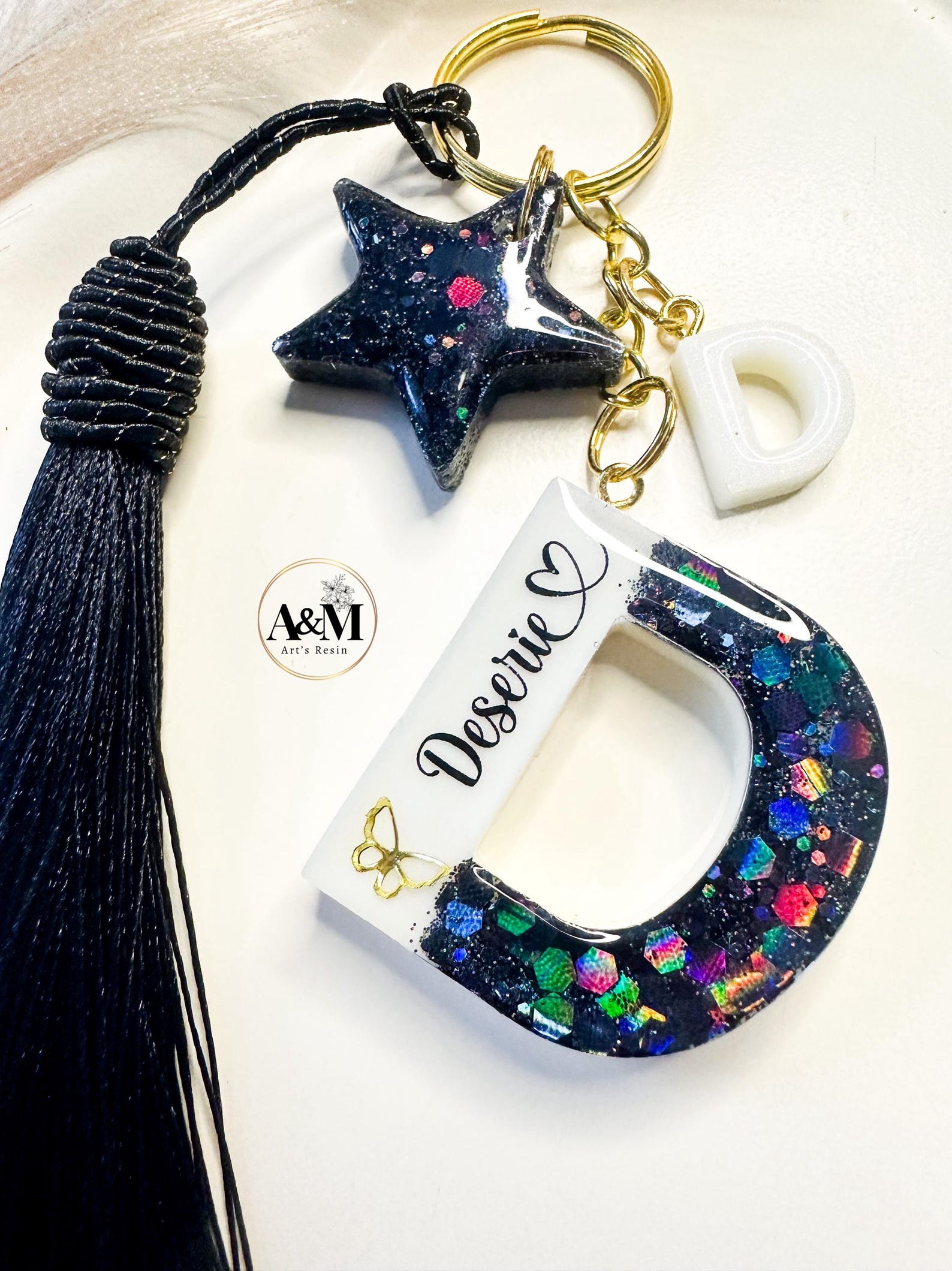 Personalized Glitter Resin Initial Keychain With Butterfly Charm ...