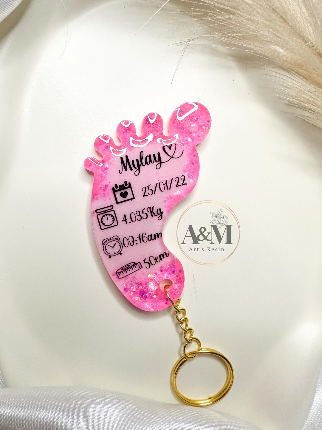 Custom Baby Foot Keychain, Personalized Birth Stats Resin Keepsake ...