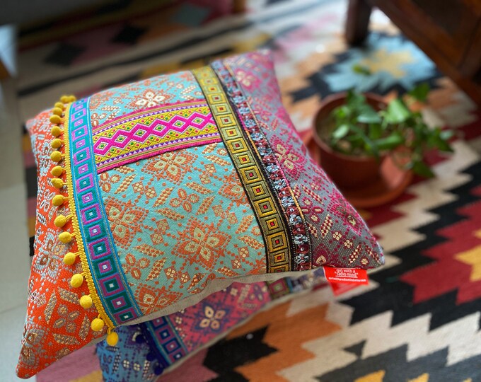 Ethnic Indian Bohemian Throw Pillow ORANGE - Gypsy Accent Cushion ...