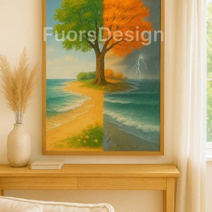 Seasons Tree Art Print – Ocean and Storm Landscape Wall Decor | Split ...