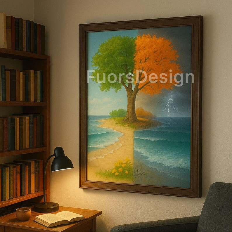 Seasons Tree Art Print – Ocean and Storm Landscape Wall Decor | Split ...