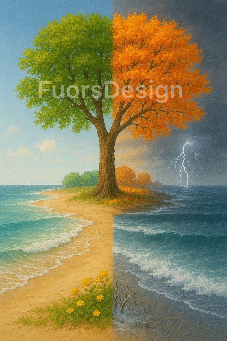 Seasons Tree Art Print – Ocean and Storm Landscape Wall Decor | Split ...