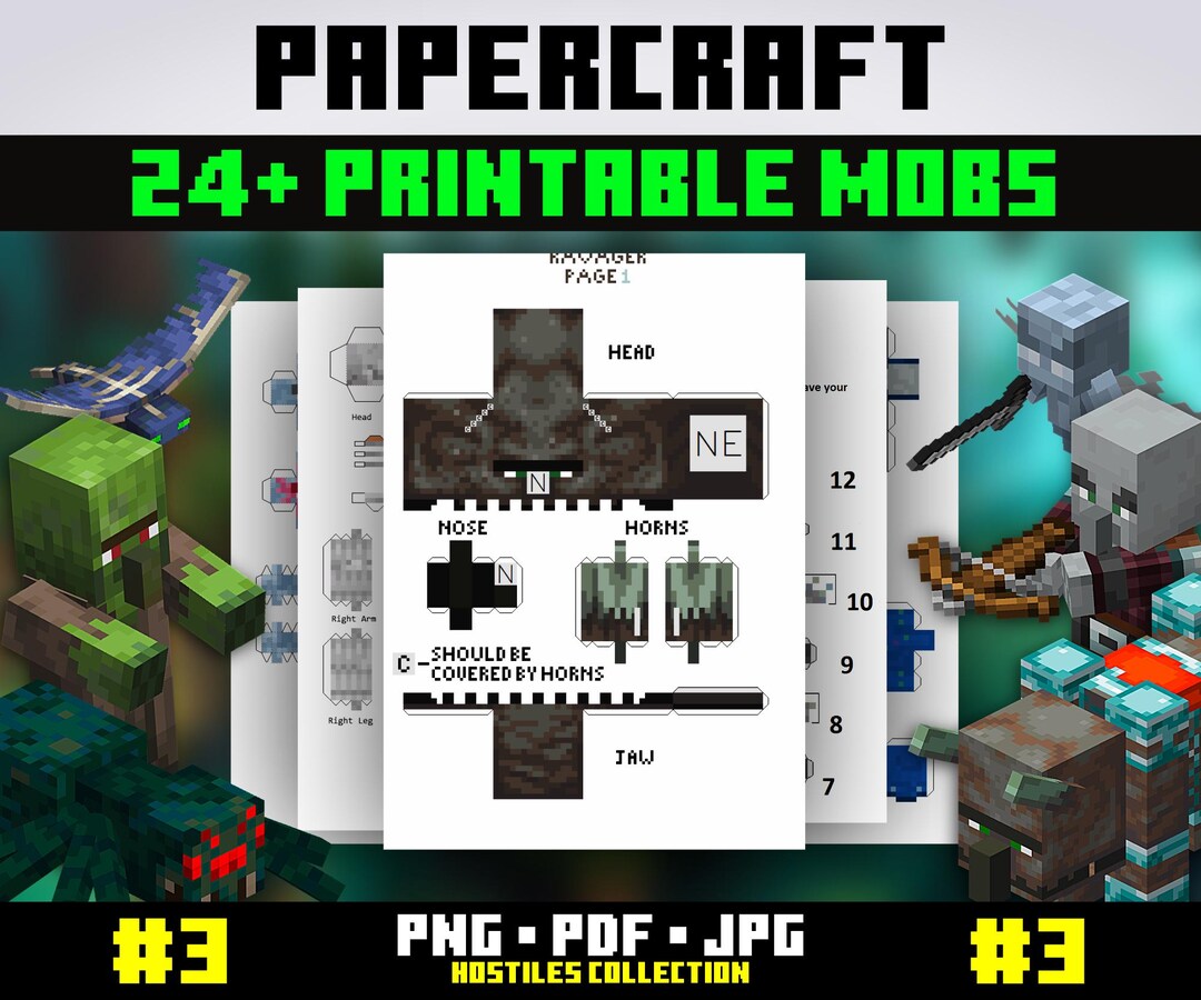 Minecraft Hostile Mobs Papercraft Set – 24+ Printable Monsters, Fun DIY ...