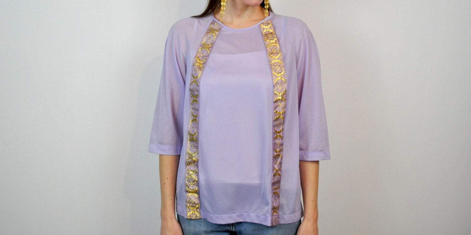 Cleopatra Blouse, Sheer 80s Purple Lavender Lilac Gold Small Medium ...
