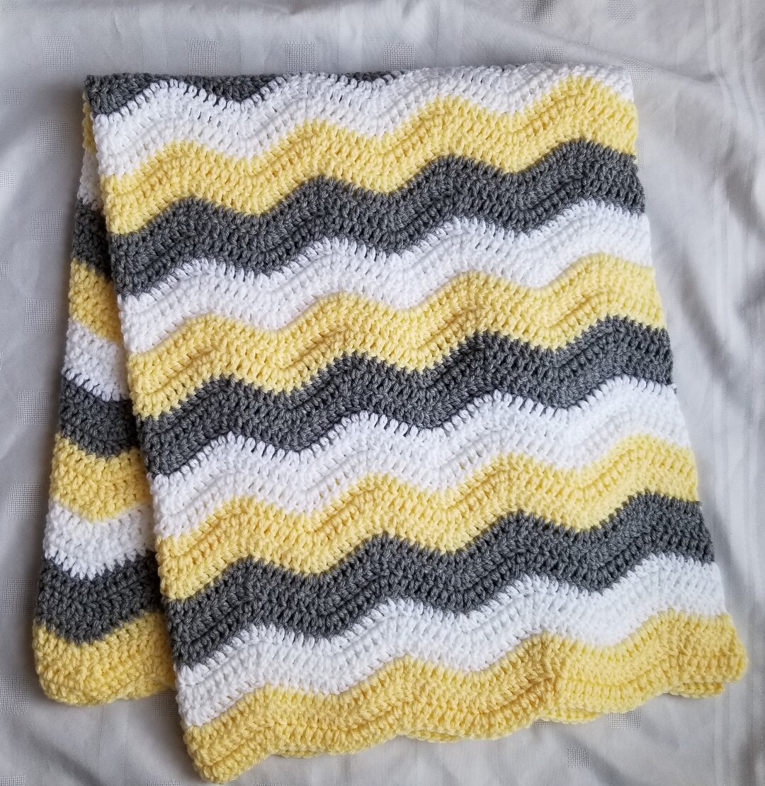 Yellow Gray White Crochet Baby Blanket Afghan Throw Handmade Ready to ...