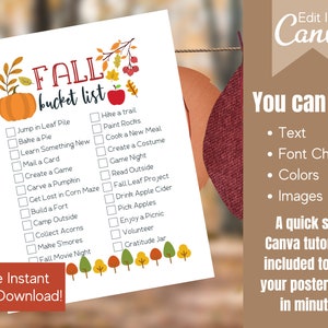 Editable Fall Bucket List Printable Poster, Seasonal Bucket List With ...