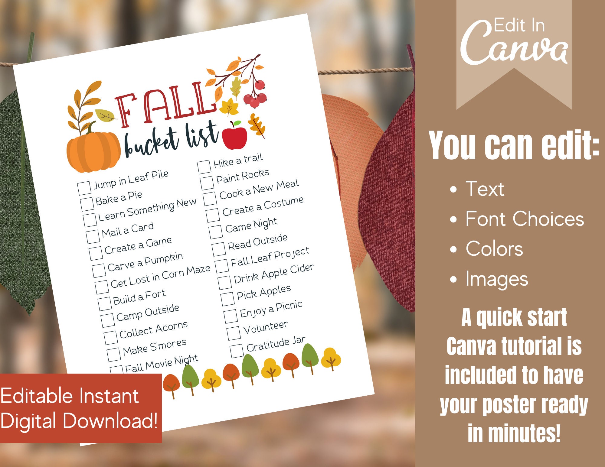 Editable Fall Bucket List Printable Poster, Seasonal Bucket List With ...