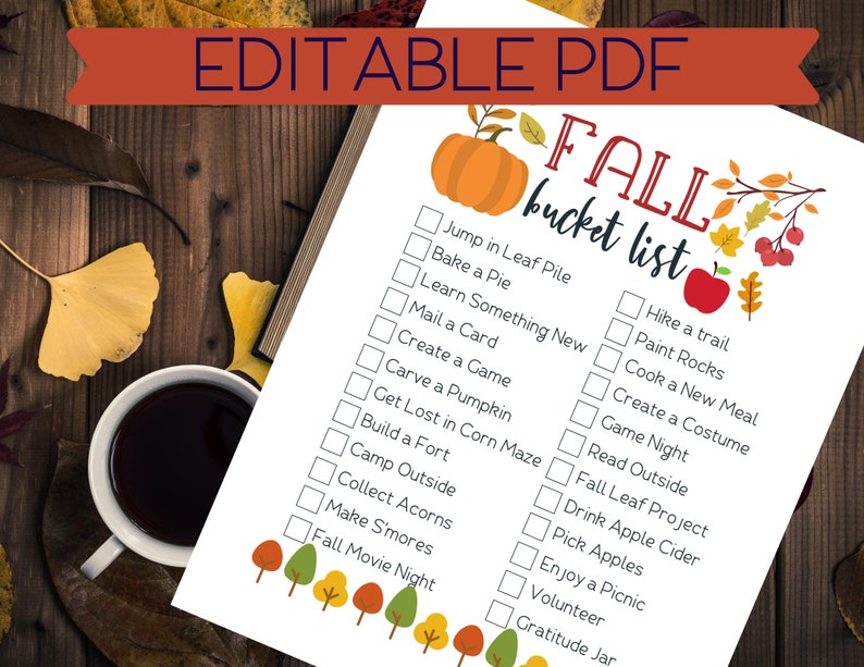 Printable Fall Bucket List EDITABLE PDF * Digital Download of Autumn ...